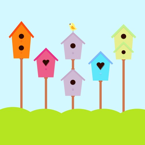 Nesting box cartoon set meadow with colorful bird Vector Image