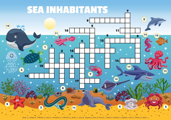 Sea animals crossword composition Royalty Free Vector Image