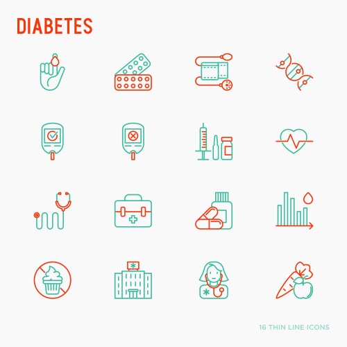 Diabetes cartoon icons set Royalty Free Vector Image
