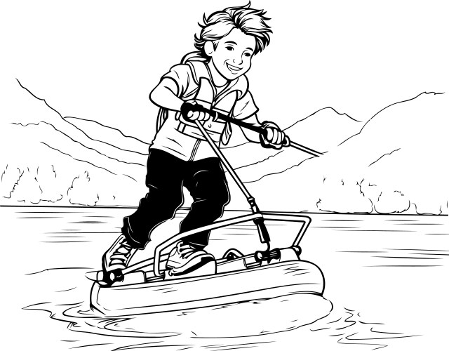 Boy playing on a boat in the lake cartoon Vector Image