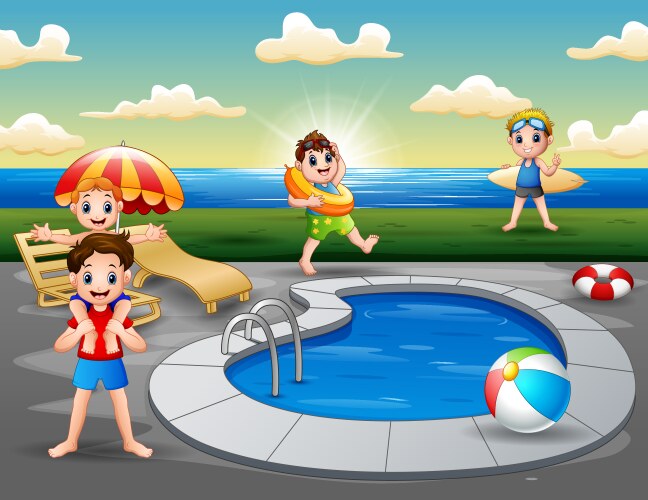 Happy kids playing in swimming pool Royalty Free Vector