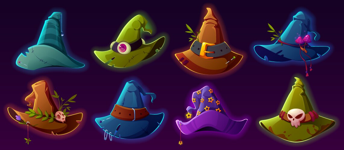 Witch hats wands and staffs cartoon set Royalty Free Vector