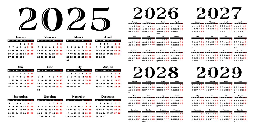 Calendar templates for a year 2024 - 2030 Vector Image