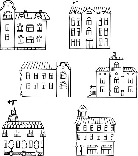 House and business buildings linear Royalty Free Vector