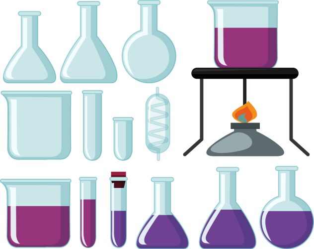 Different types of beakers and burners Royalty Free Vector