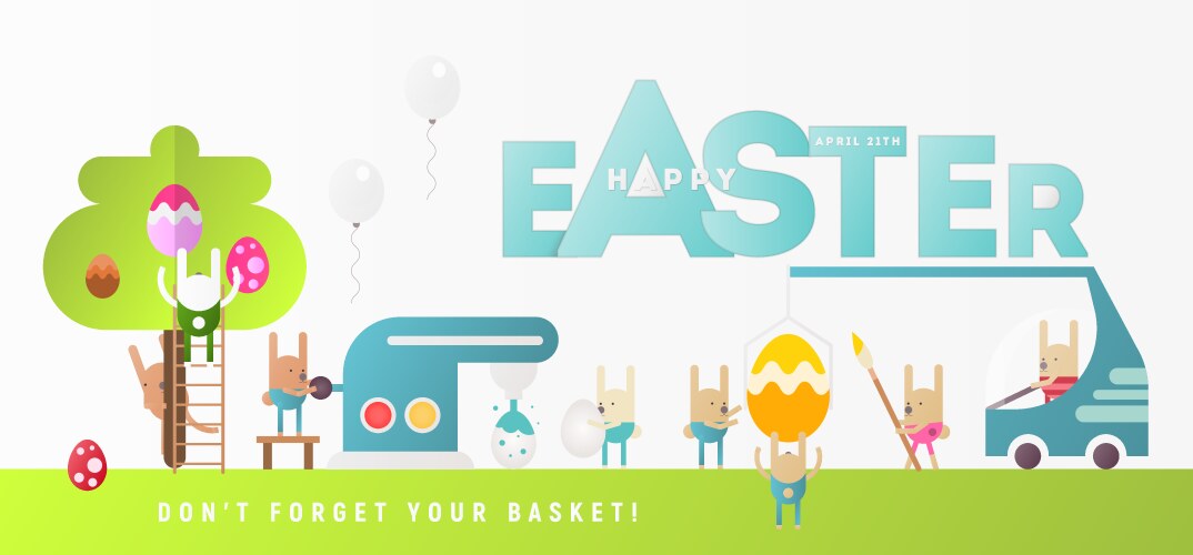Cartoon character easter bunnies and eggs Vector Image