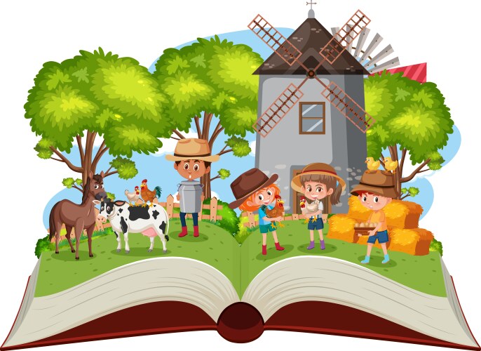 Farm scene with farmers and children on Royalty Free Vector