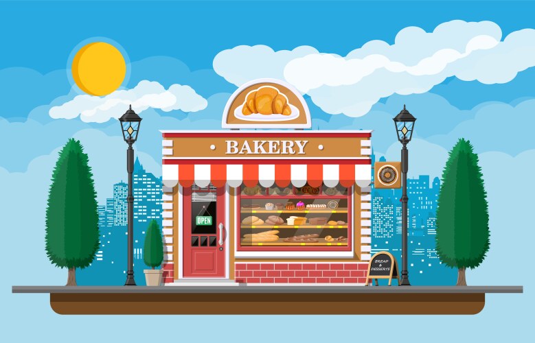 Bakery shop building facade with signboard Vector Image
