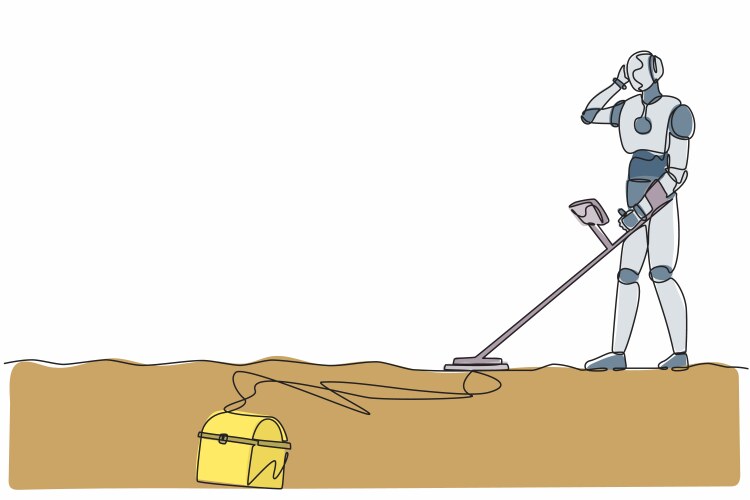 Single one line drawing robot with metal detector Vector Image
