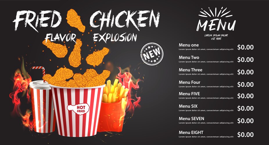 Fried chicken meat fast food menu design elements Vector Image