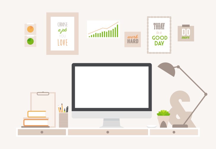 Laptop and office stationery on the table Vector Image