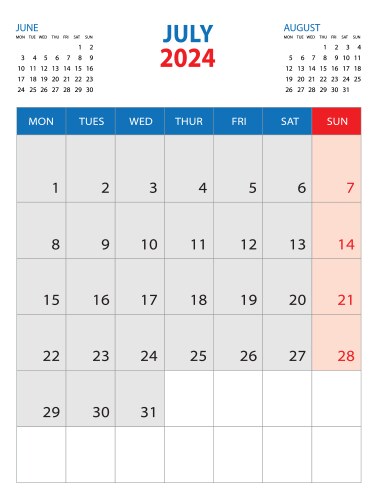Calendar 2024 template july layout Royalty Free Vector Image