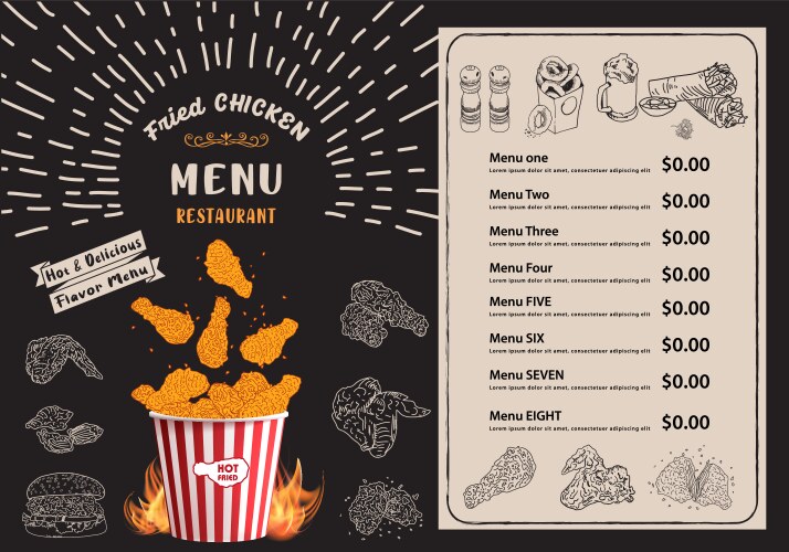 Fried chicken meat fast food menu design elements Vector Image