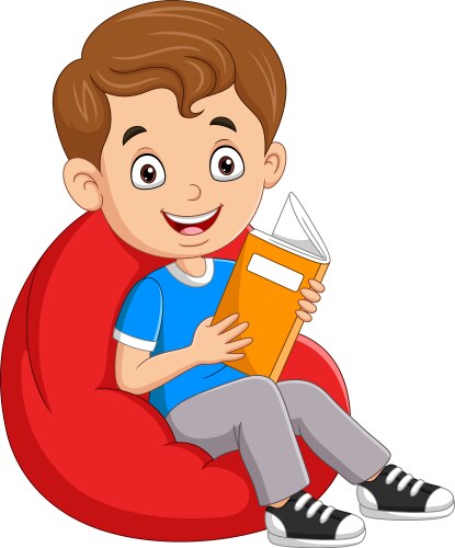 Cartoon little girl reading a book sitting on sofa
