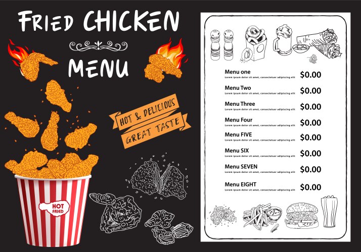 Fried chicken meat fast food menu design elements Vector Image