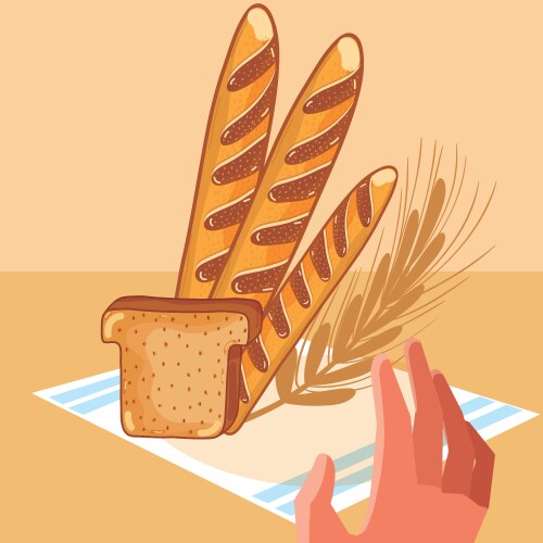 Hand grabbing delicious breads Royalty Free Vector Image