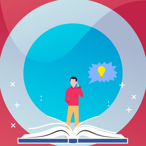 Man standing behind big open book and hand on his Vector Image
