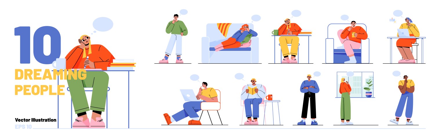 People dream think in different poses Royalty Free Vector