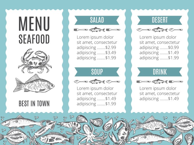 Design a fish menu template for the restaurant Vector Image