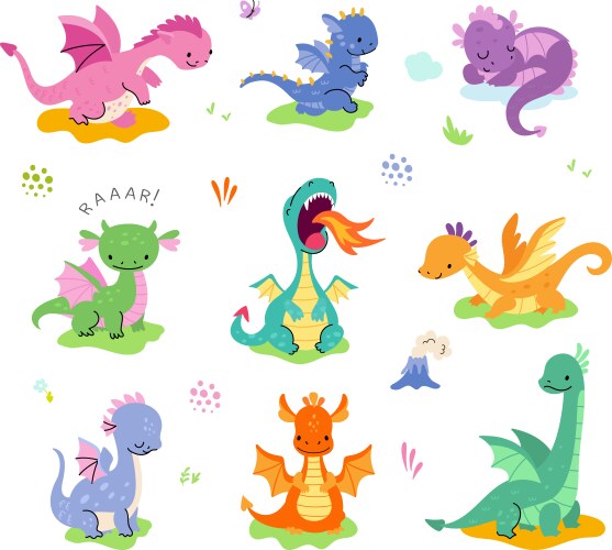 Cute dragon icon set isolated Royalty Free Vector Image