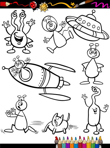 Alien in rocket cartoon coloring page Royalty Free Vector