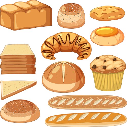 Set of yummy assorted bread and bakery food item Vector Image