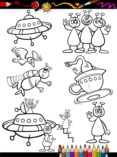 Alien in rocket cartoon coloring page Royalty Free Vector