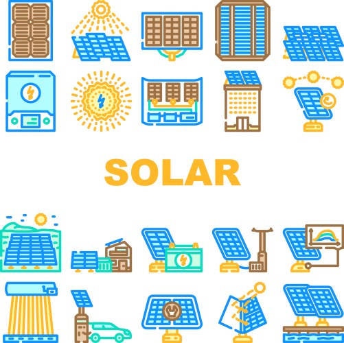Solar panels energy power sun icons set Royalty Free Vector