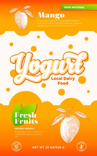 Mango cherry strawberry blueberry yogurt label Vector Image