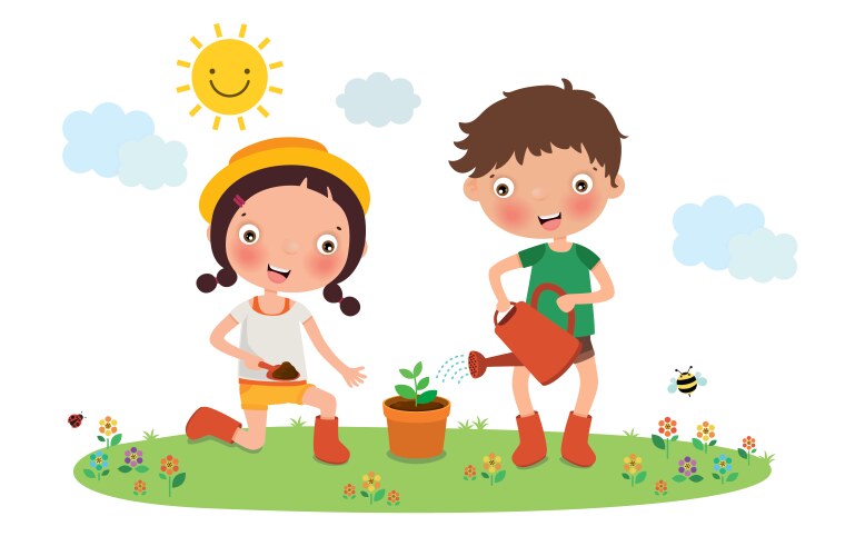 Kids planting vegetables in a farm education Vector Image