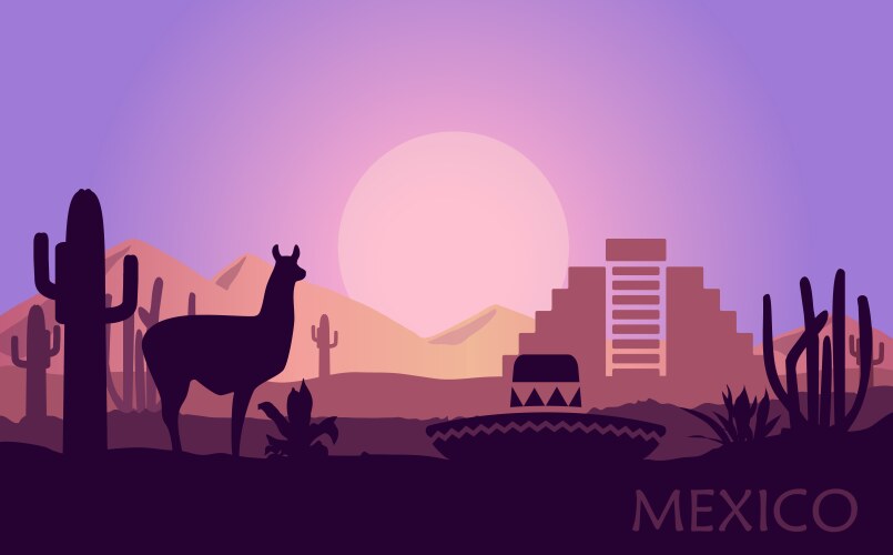 Mexico Sunset Landscape with Llama Royalty Free Vector Image