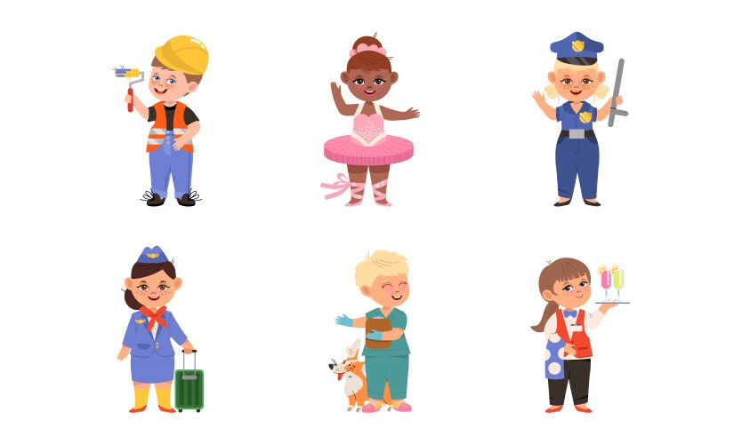 Cheerful children depicting different professions Vector Image