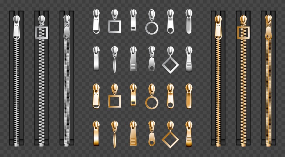 Metal zip fasteners zippers puller set Royalty Free Vector
