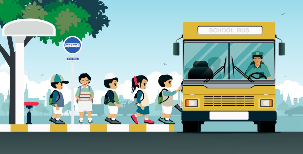 Cartoon schoolboy riding a school bus clip art Vector Image