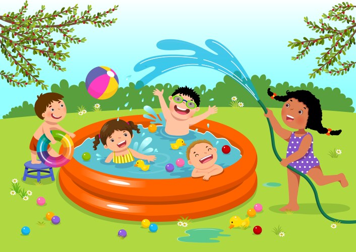 Kids cartoon playing in an inflatable pool Vector Image