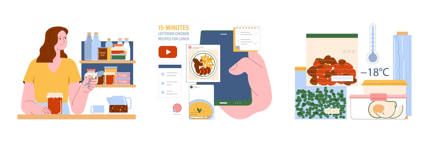 Leftovers set sustainable cooking repurpose Vector Image