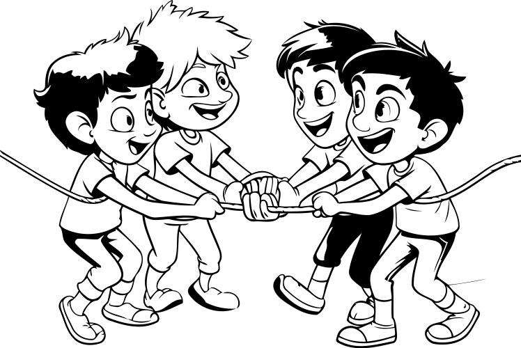 Cartoon kids pulling rope - black and white Vector Image