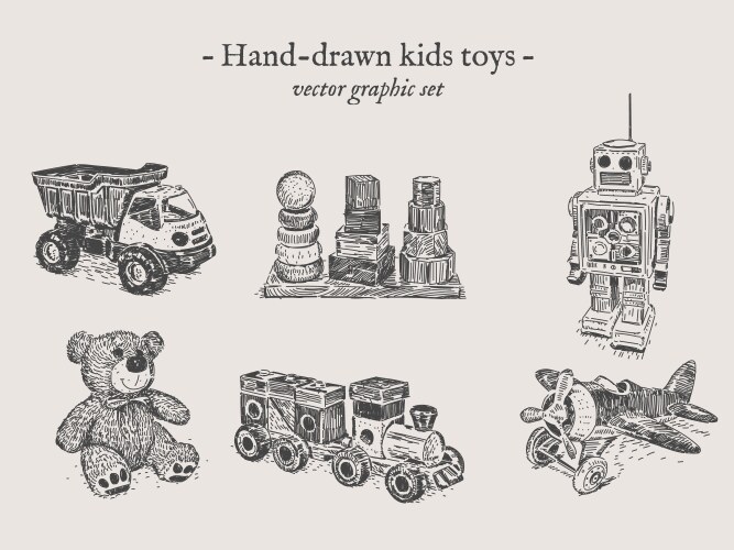 Retro toys sketch collection hand drawn Royalty Free Vector