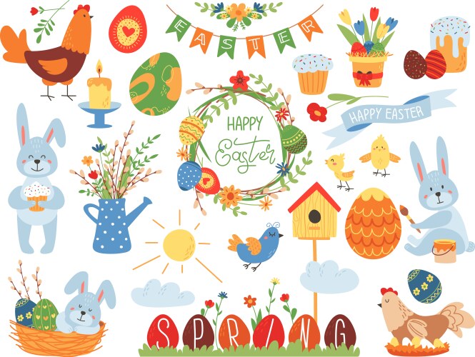 Cute cartoon animals with easter theme happy Vector Image
