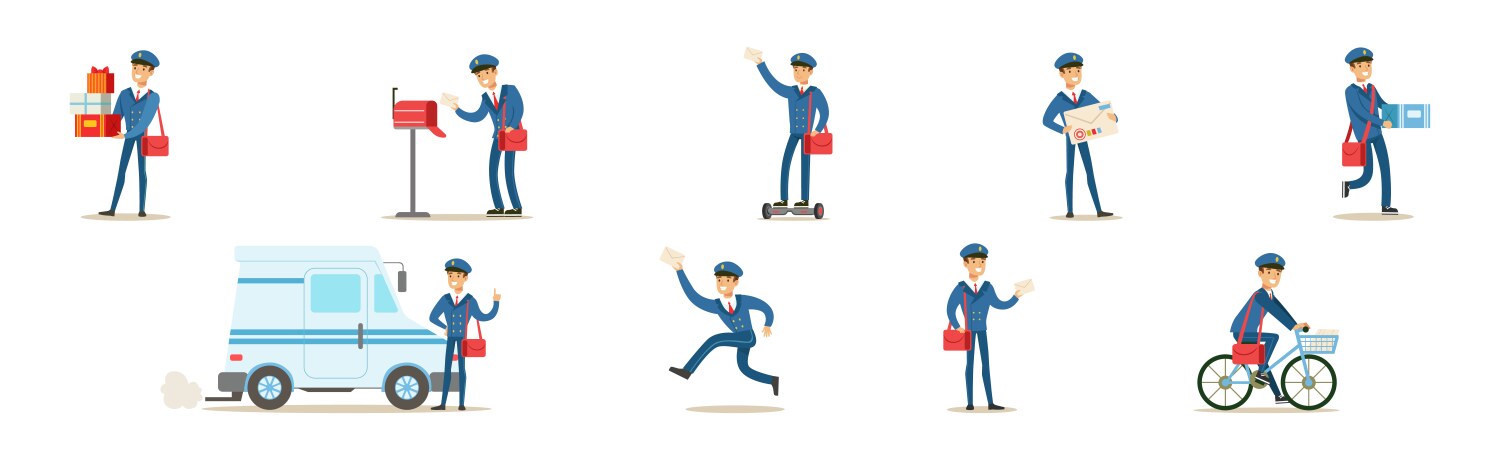 Postman in blue uniform delivering mail putting Vector Image