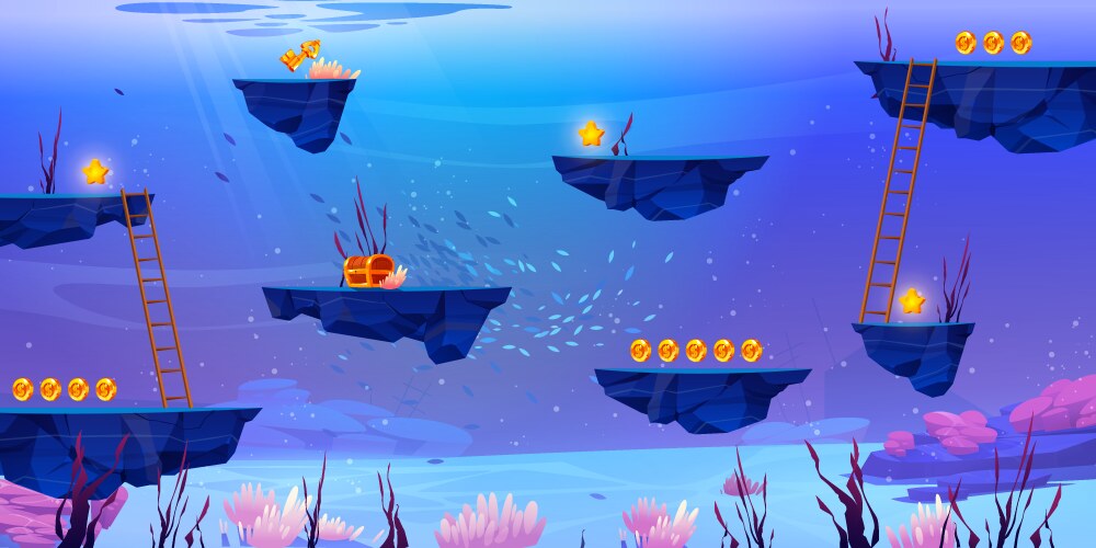 Floating rock islands underwater game Royalty Free Vector
