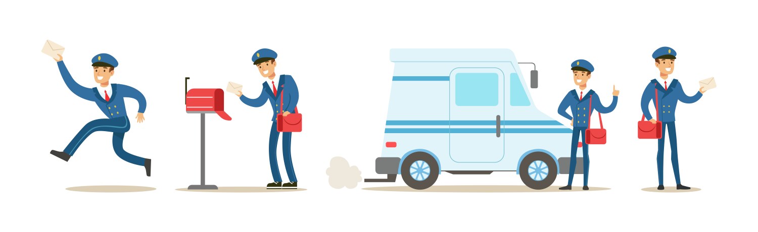 Postman in blue uniform delivering mail putting Vector Image