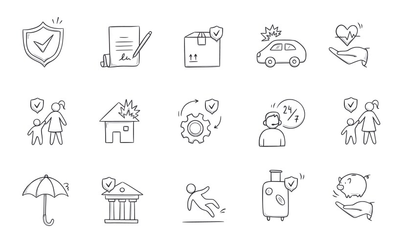 Insurance doodle icon set hand drawn sketch life Vector Image