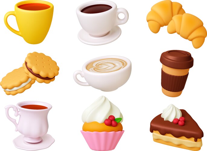 Coffee breakfast 3d to go mug and pastry take Vector Image