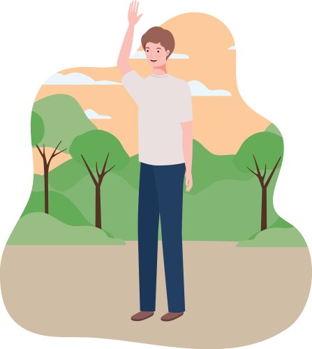 Young man standing with landscape background Vector Image