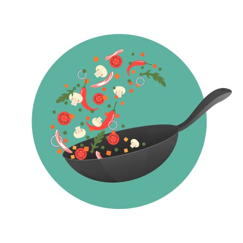Flipping asian noodles in pan Royalty Free Vector Image