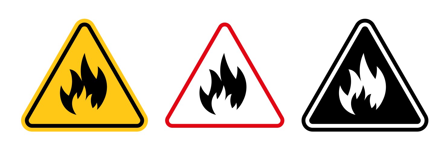 Fire warning sign icon set yellow triangle alert Vector Image