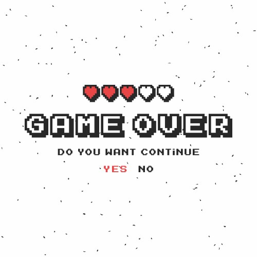 Pixel game over text with three hearts Royalty Free Vector