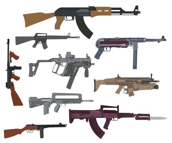 Firearm set automatic rifle machine gun flat Vector Image