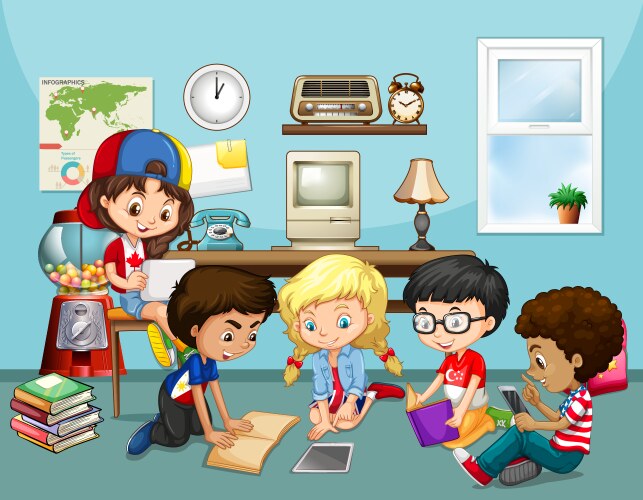 Cartoon school kids raising hand in the classroom Vector Image